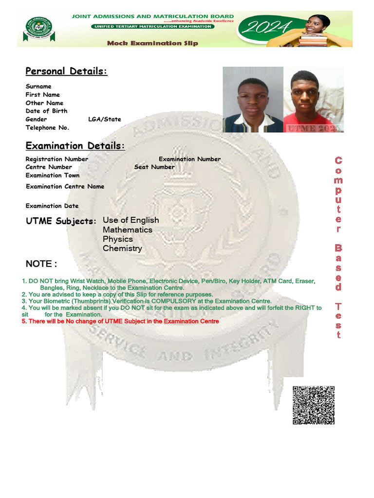 Mock Examination Slip | PDF