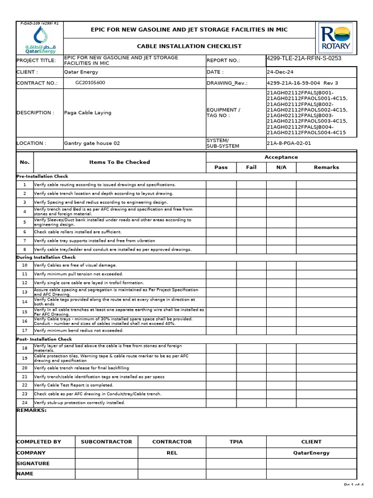 F-Qad-109 (4299) Rev 1 - Cable Installation Checklist | PDF