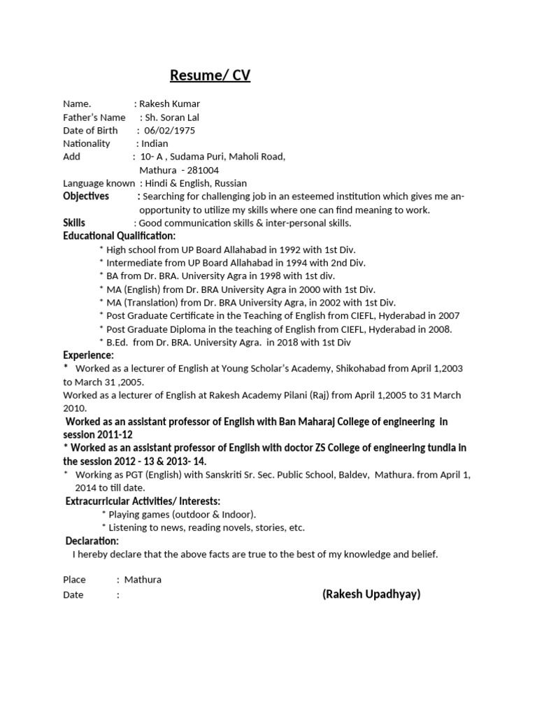 Resume / CV: (Rakesh Upadhyay) | PDF