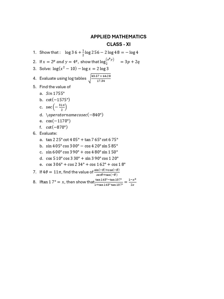 Class XI Applied Mathematics HHW | PDF