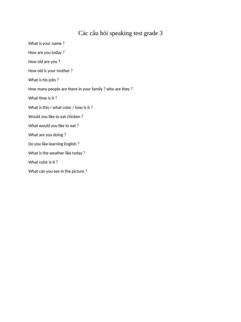 Grade 3 Speaking Test Questions | PDF