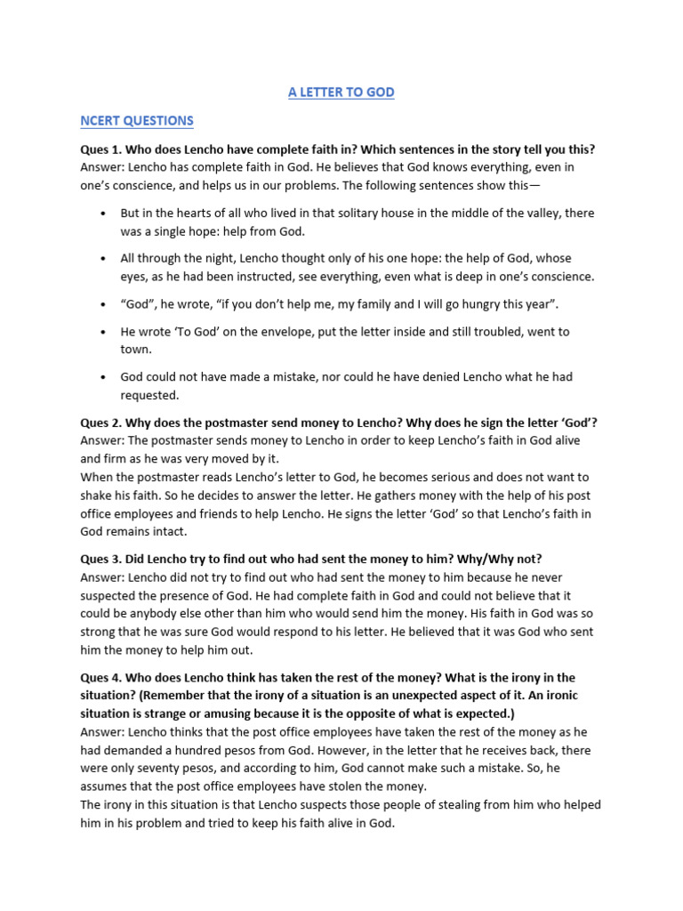 Lencho's Faith in God: NCERT Questions | PDF | Faith | Irony