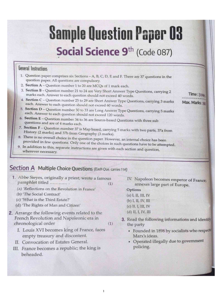 Class IX Sample Question Paper | PDF