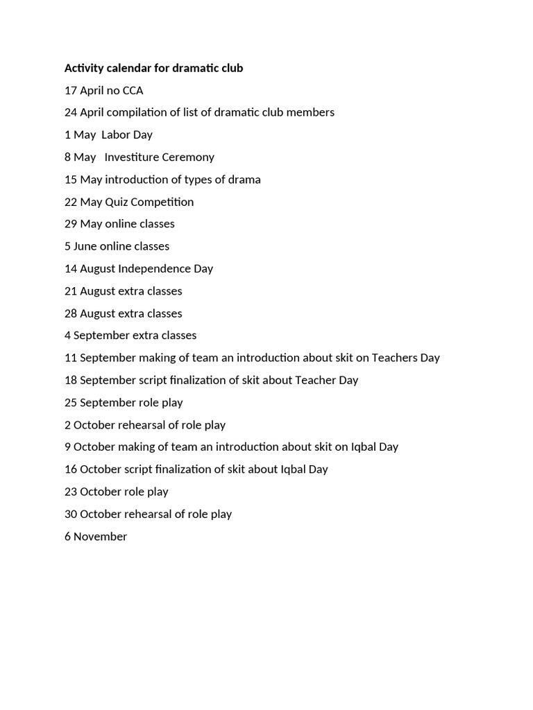 Activity Calendar For Dramatic Club | PDF