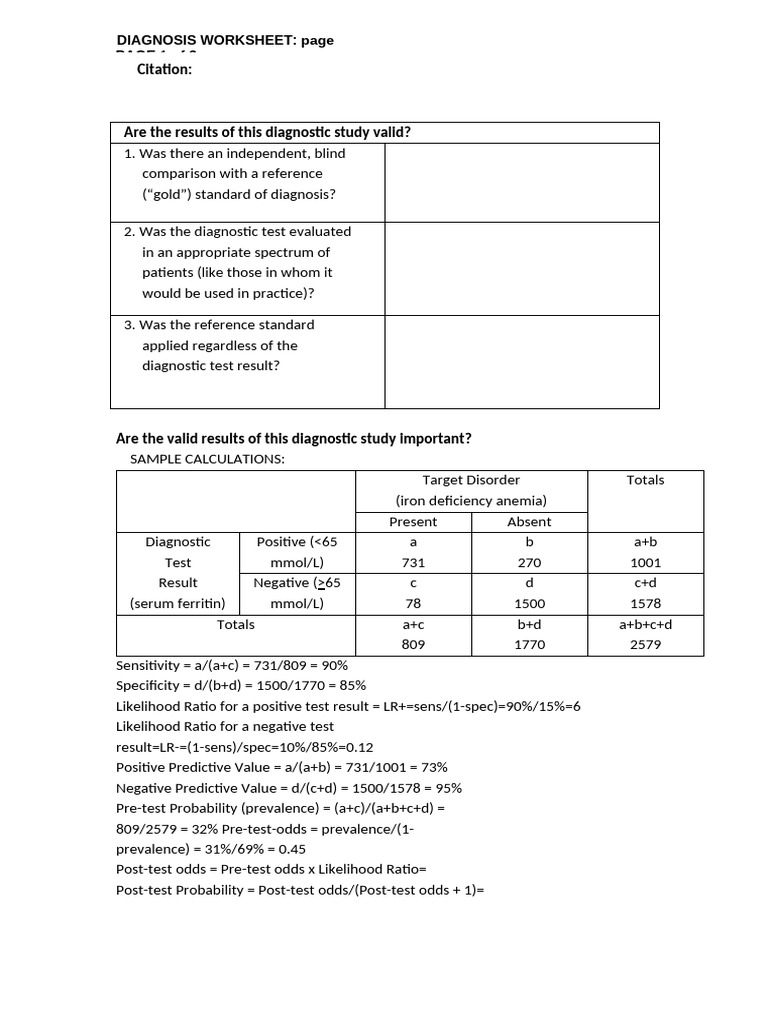 4b Study Diagnostic Worksheet | PDF | Sensitivity And Specificity | Health Sciences