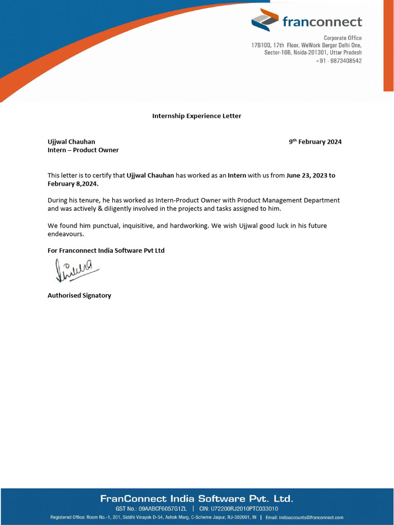 Internship Exp Letter - Ujjwal Chauhan | PDF