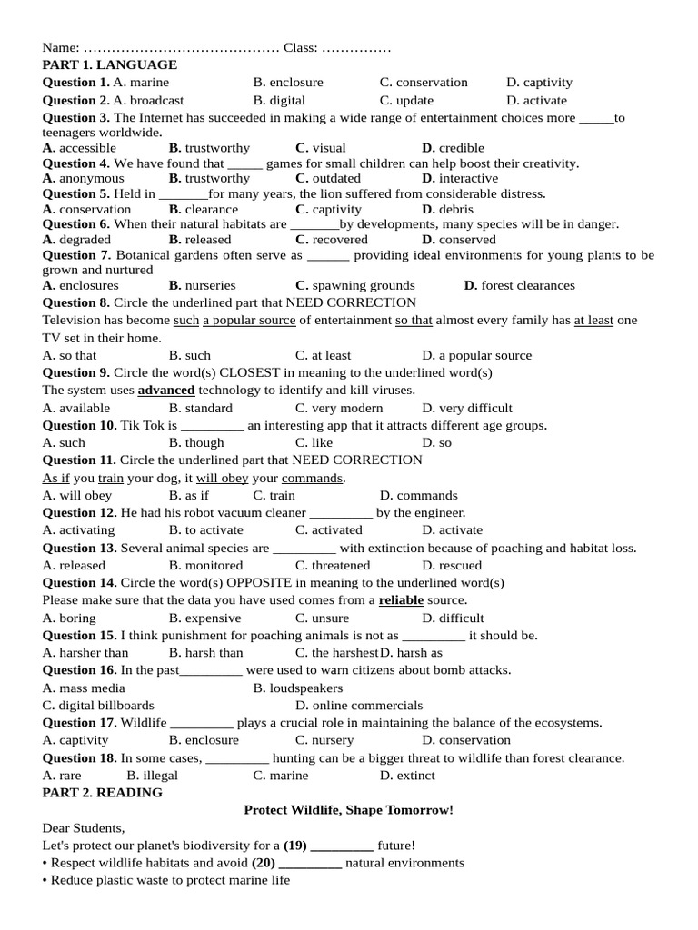 Language and Wildlife Conservation Quiz | PDF | Conservation Biology ...