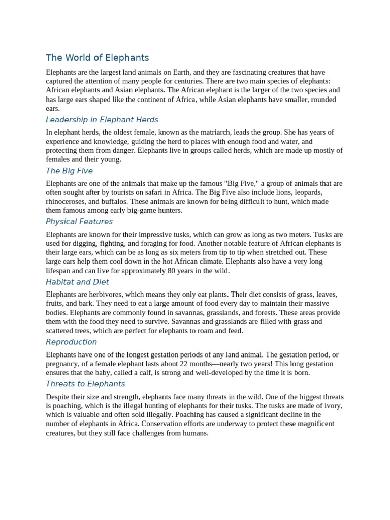 Grade 5 Reading Skill Test. World of Elephants. | PDF | Elephant | Poaching