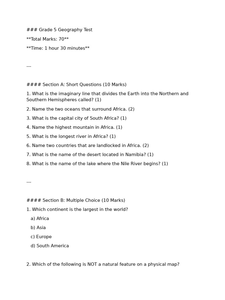Grade 5 Geography Test and Answers | PDF | Africa | South Africa
