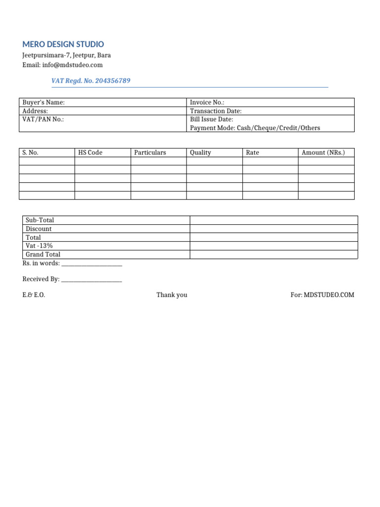 Mero Design Studio Tax Invoice Template | PDF