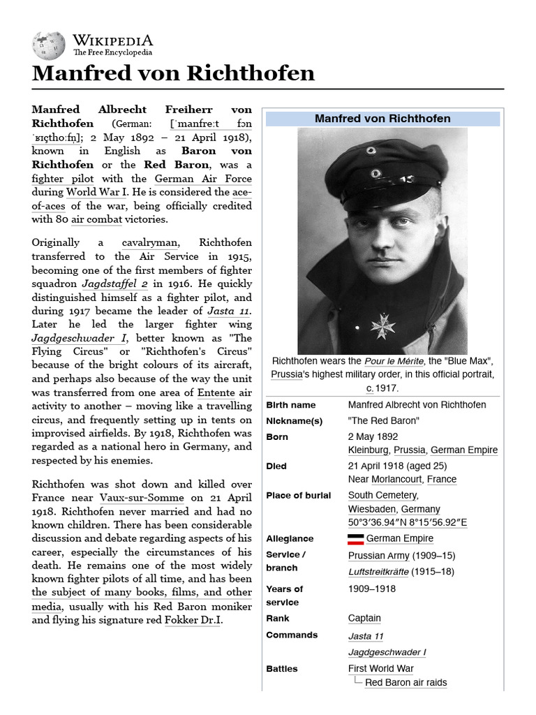 Manfred von Richthofen: The Red Baron | PDF | Manfred Von Richthofen ...