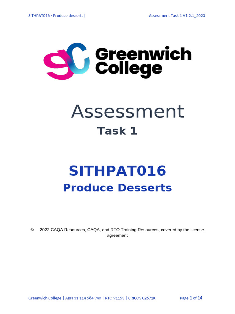 SITHPAT016 - Produce Desserts v.1.2.1 - Assessment Task 1 | PDF ...