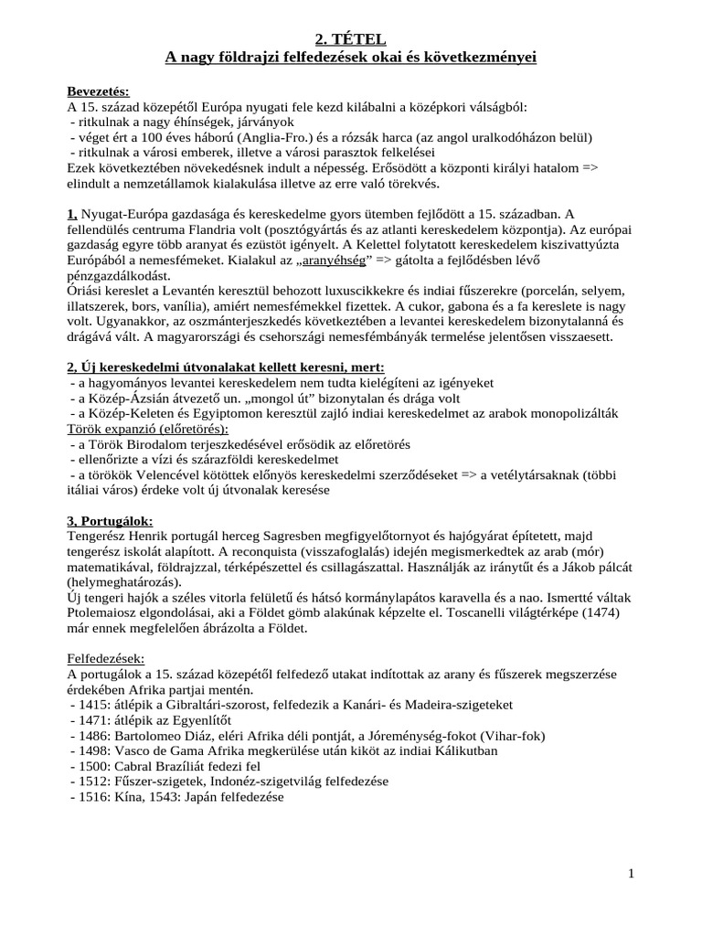 Tétel A Nagy Foldrajzi Felfedezesek Okai Es Kovetkezmenyei | PDF