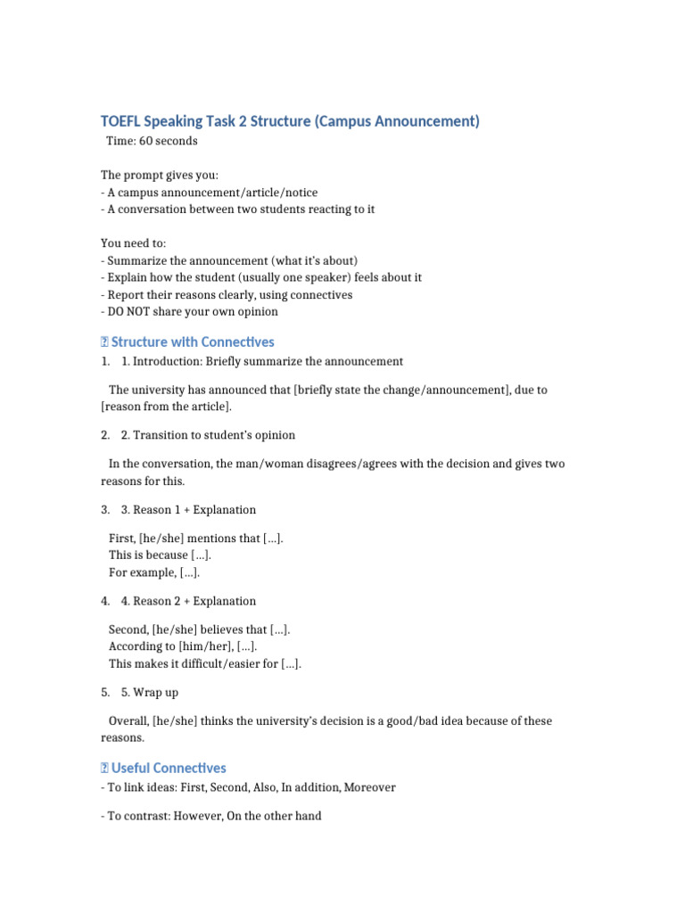 TOEFL Speaking Task 2 Structure | PDF