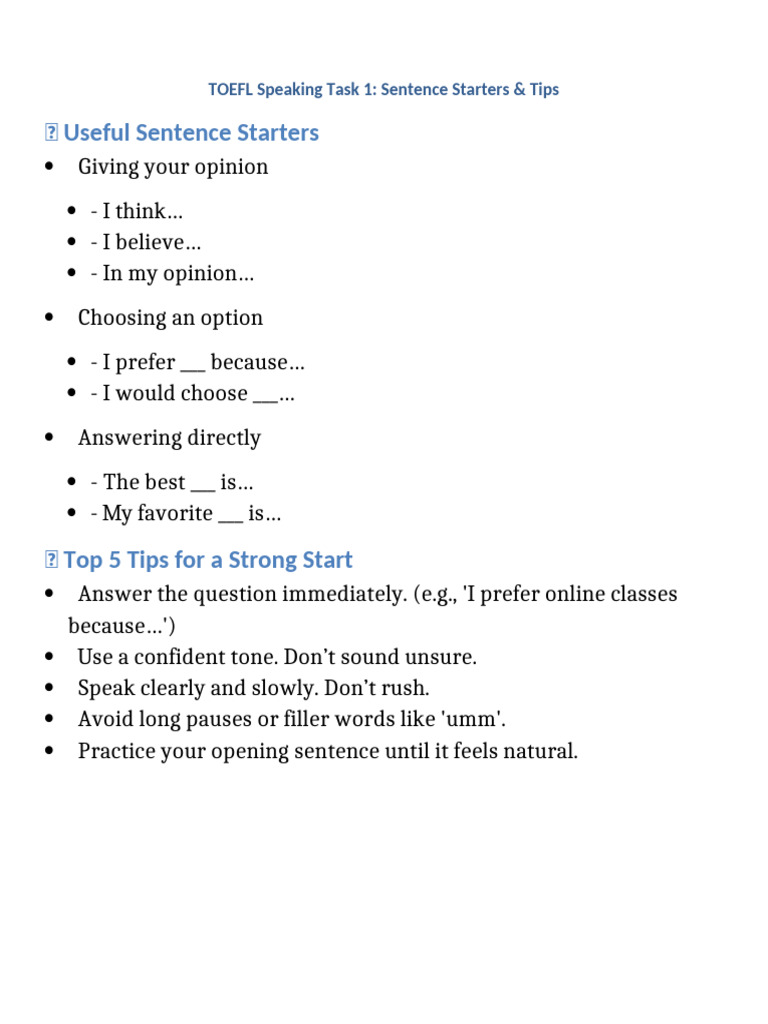 TOEFL Speaking Task1 Starters and Tips | PDF