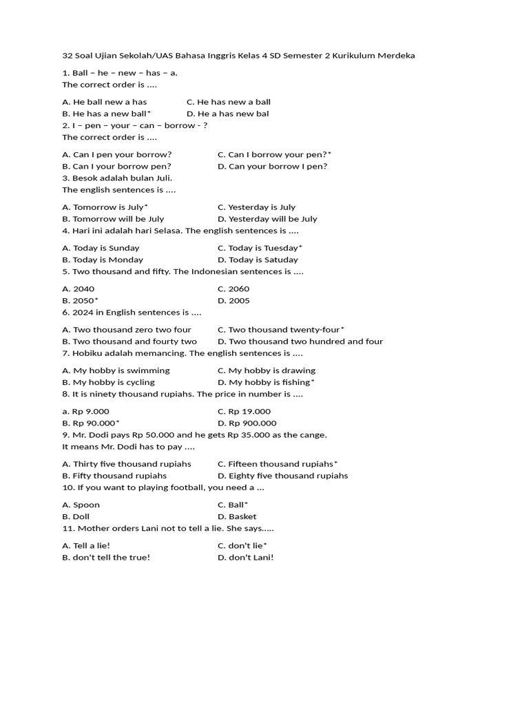 32 Soal Ujian Sekolah Bhs - Inggris Kls 4 Genap | PDF | Classical Geometry | Geometric Objects
