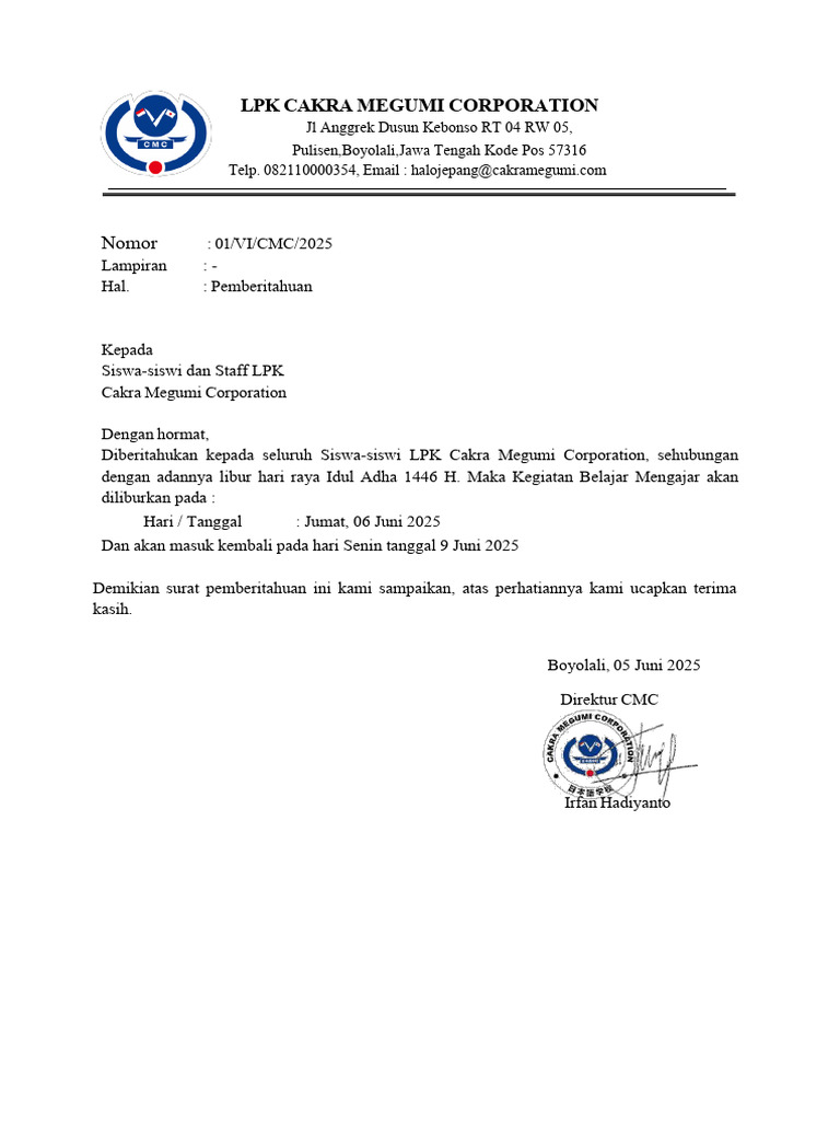 Surat Pemberitahuan Siswa LPK CMC | PDF