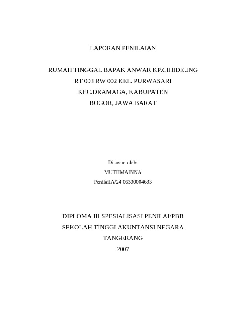 Laporan Penilaian Rumah Tinggal Bapak Syafruddin Mualla | PDF