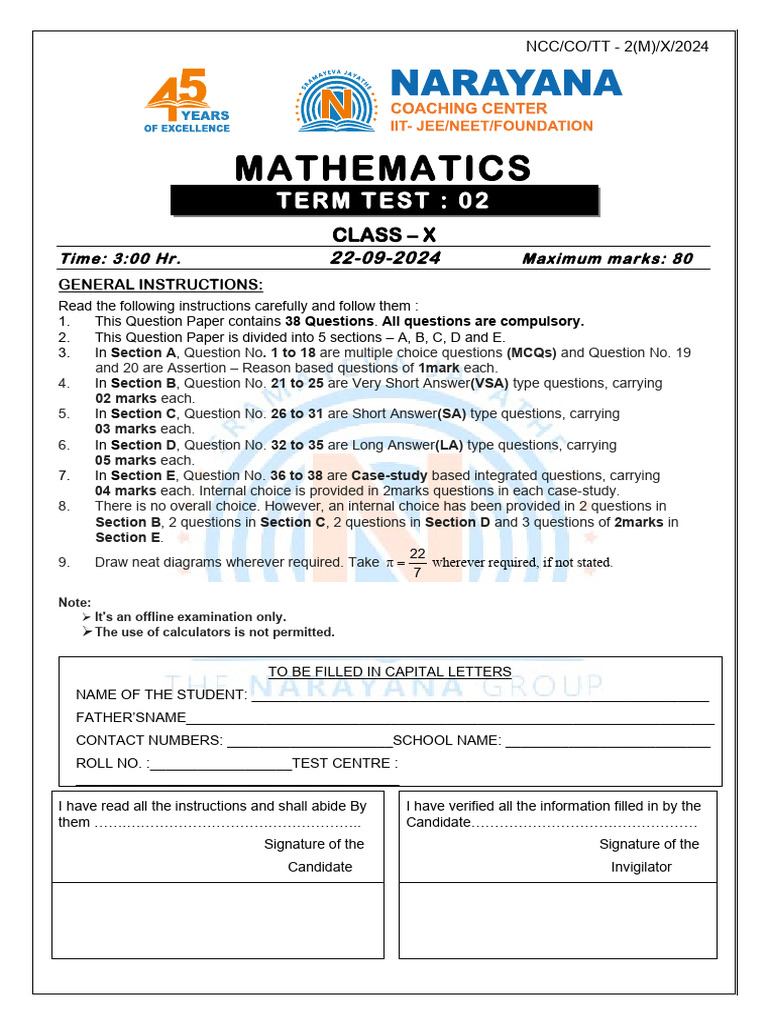 01 Term Test - 2 Mathematics Class - X Date 22-09-2024 Question Paper ...