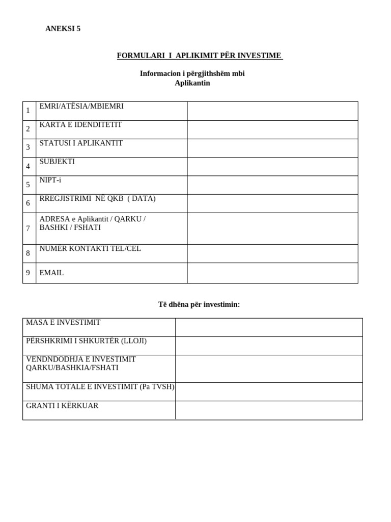 Aneksi 5 Formulari I Aplikimit Per Investime | PDF