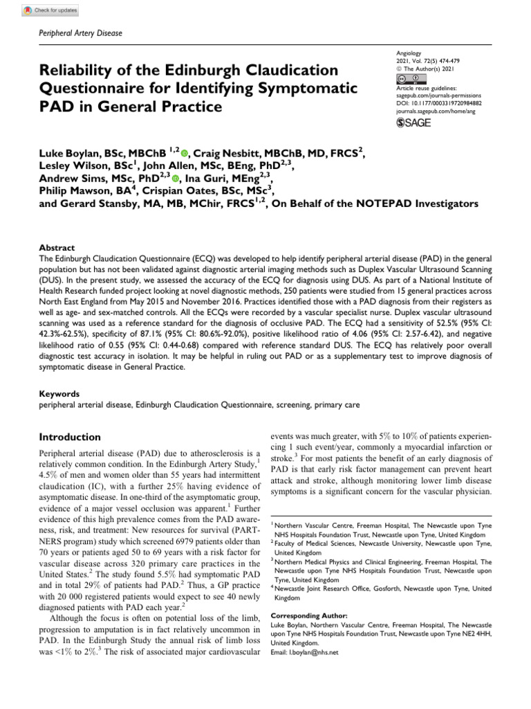 Boylan Et Al 2021 Reliability of The Edinburgh Claudication ...