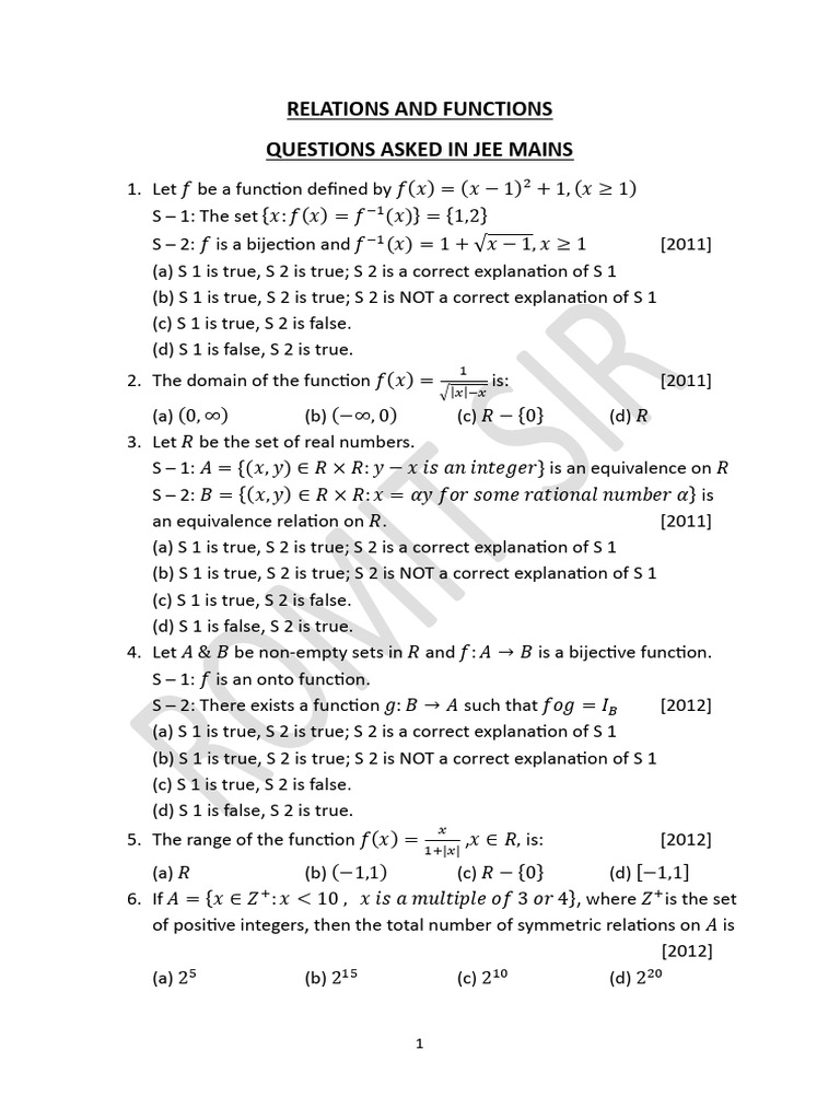 Relations and Functions Jee Mains | PDF | Function (Mathematics) | Mathematical Objects