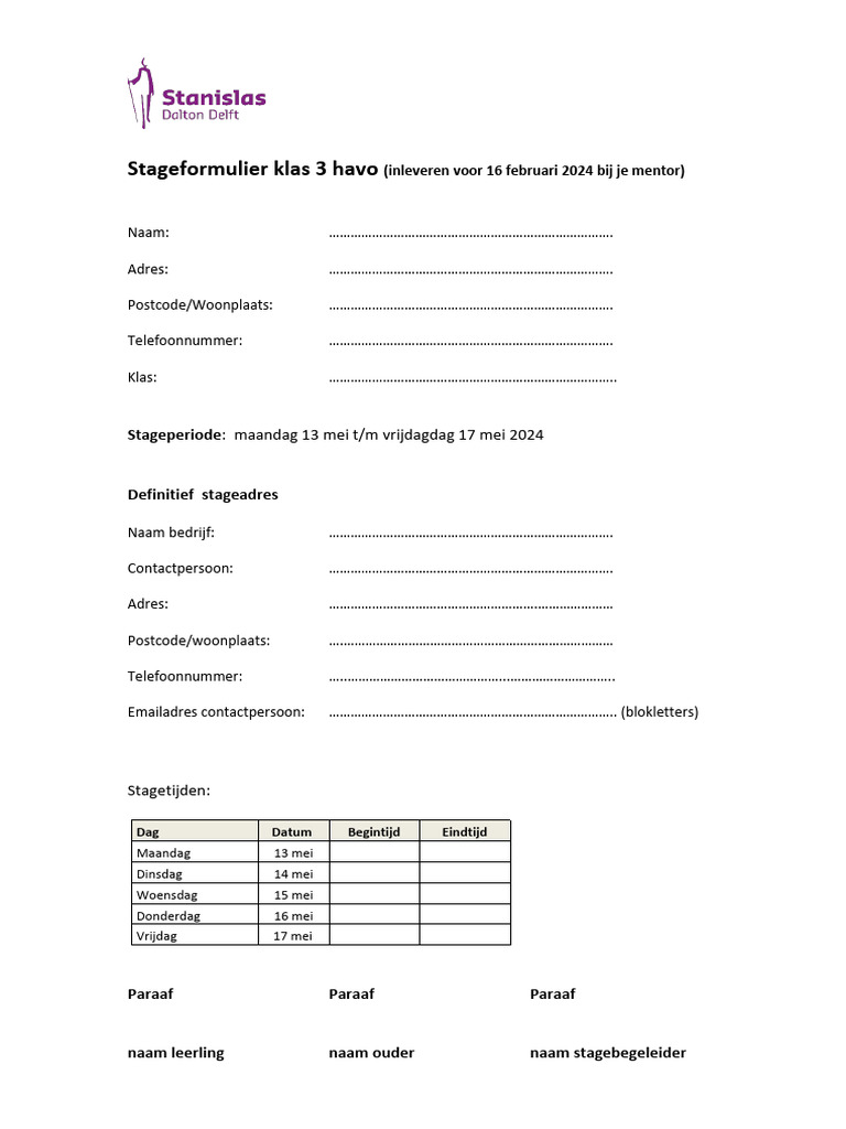 Stageformulier Klas 3 Havo 2324 | PDF