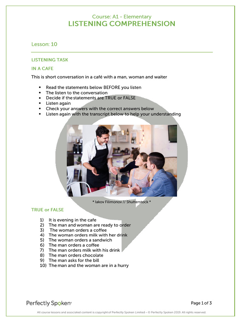 A1 - Lesson 10 - Listening Comprehension Task | PDF