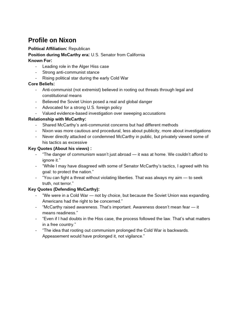 Nixon Preparation Document | PDF | Mc Carthyism | Alger Hiss