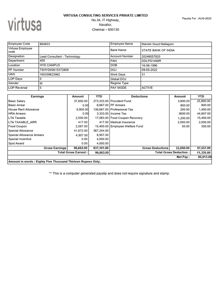 Virtusa Payslip AUG 2023 | PDF | Tax Deduction | Payments