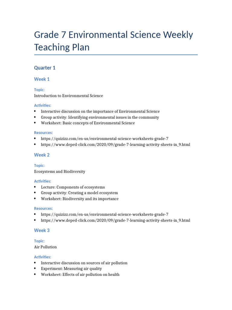 Grade7 EnvironmentalScience WeeklyTeachingPlan | PDF | Sustainability ...