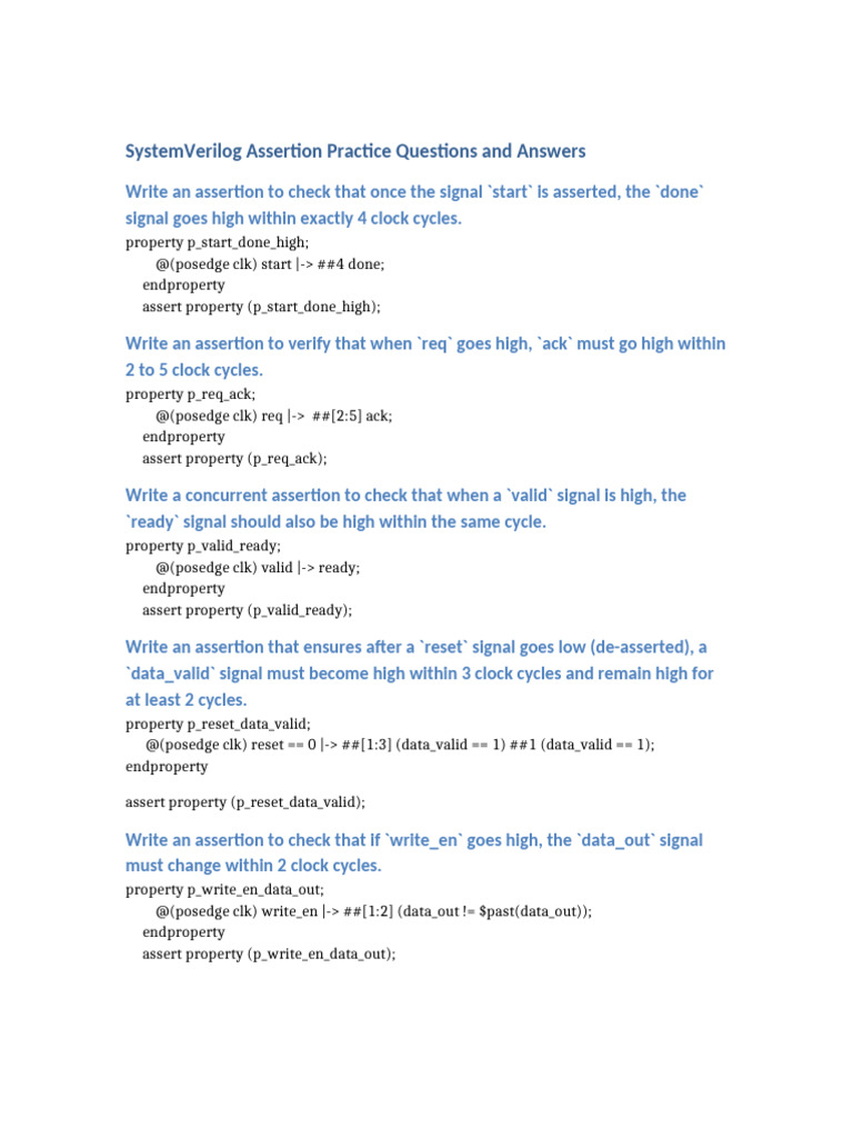 SystemVerilog Assertion Practice Questions and Answers | PDF | Computer Engineering | Computing