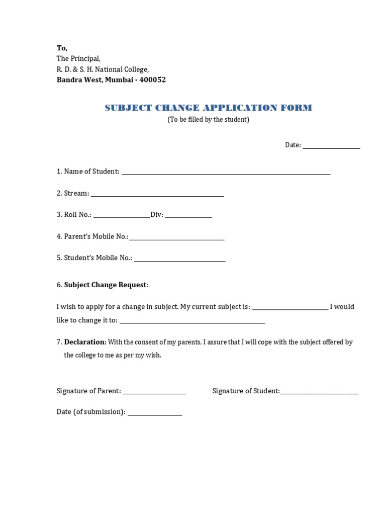STD 12 Subject Change App Form | PDF