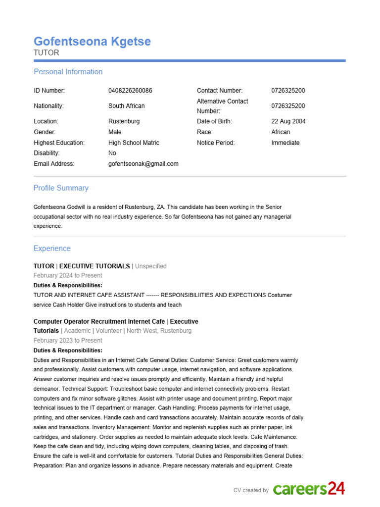 Careers24 Cv Gofentseona Kgetse (1) | PDF | Learning