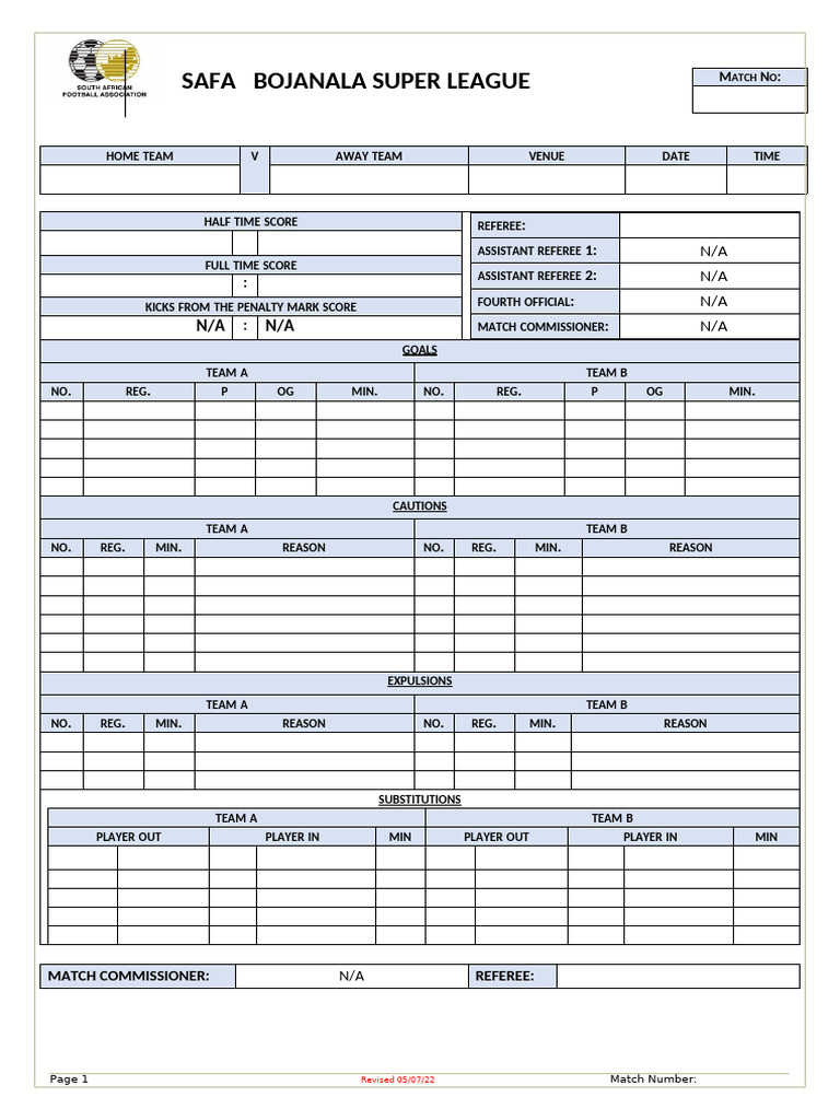 SAFA Bojanala League Match Sheet | PDF