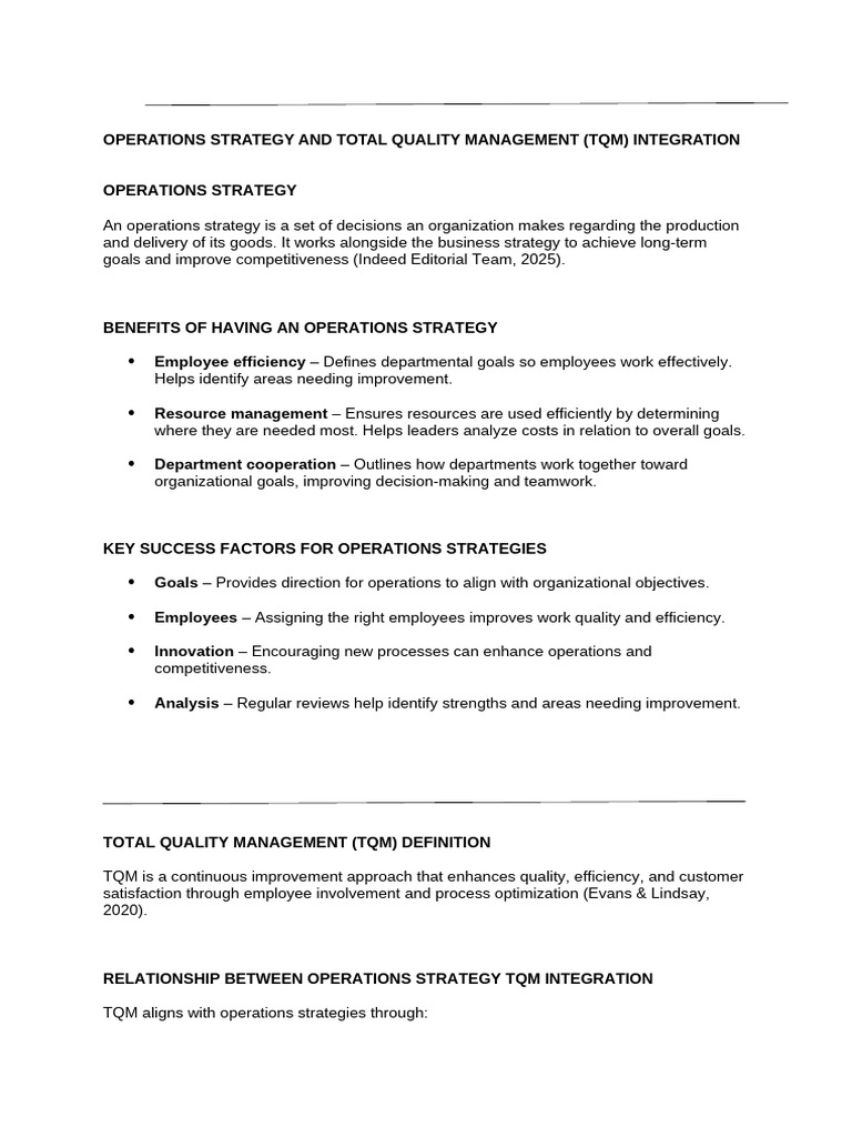 Operations Strategy and Total Quality Management TQM Integration Cbme1 ...