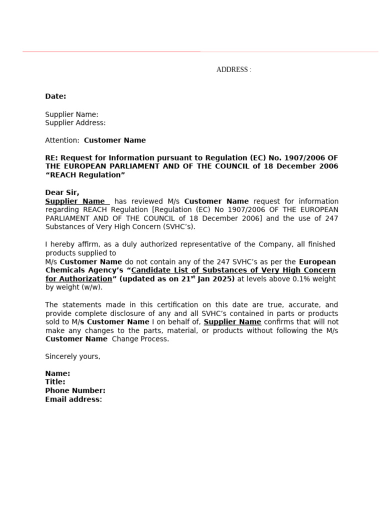 REACH SVHC Declaration Confirmation | PDF