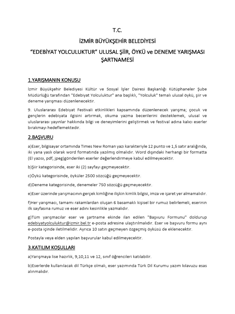 Uluslararasi Edebiyat Festivali Yarisma Sartnane Ve Katilim Formu | PDF