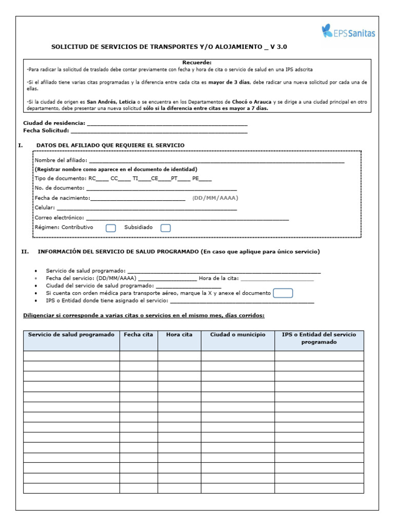 SANITAS Formato Solicitud de Transportes y Alojamiento | PDF