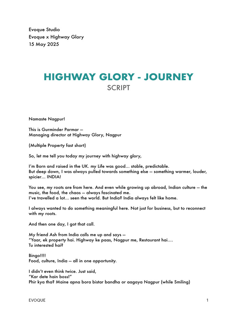Highway Glory - Journey Script | PDF