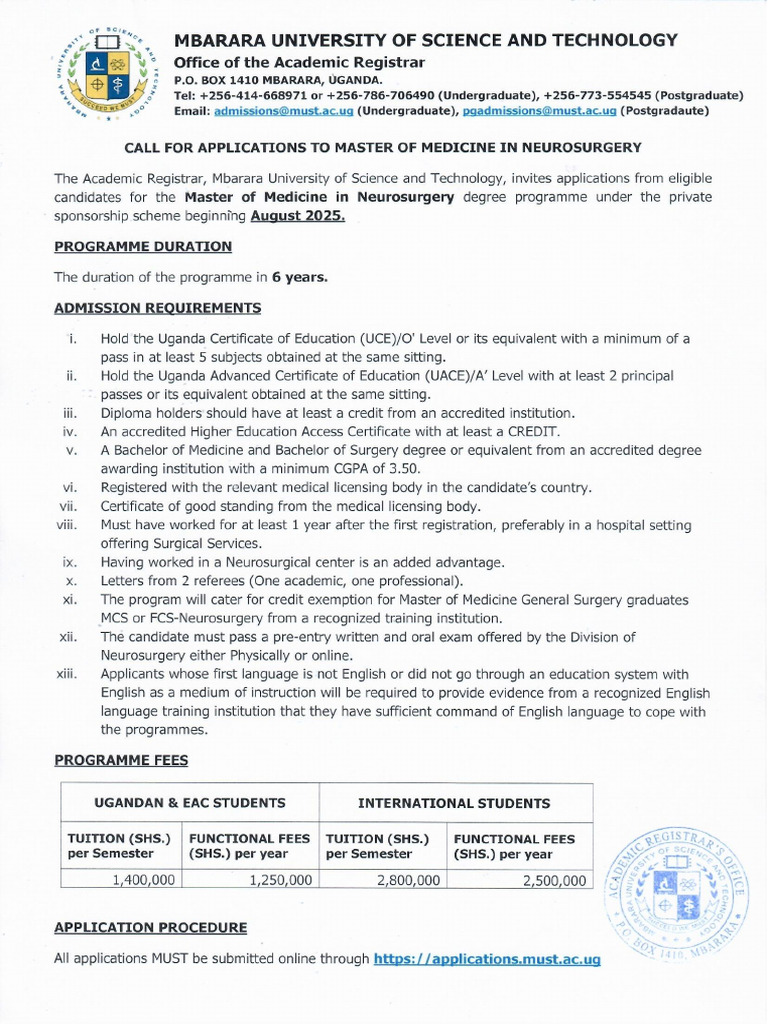 Call For Applications. MMed Nuerosurgery | PDF