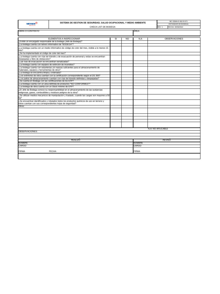 MC-SSMA-E-062-R-071 Check List Bodega Rev.1 | PDF