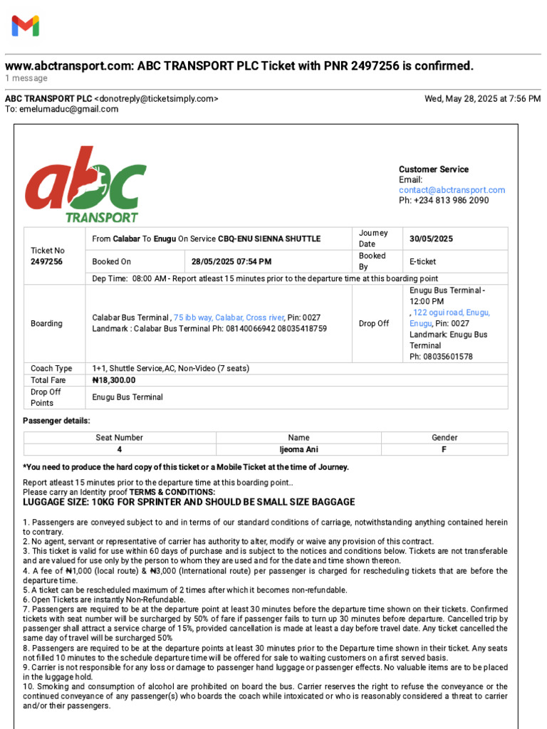 ABC Transport Ticket Confirmation | PDF | Bus | Fee