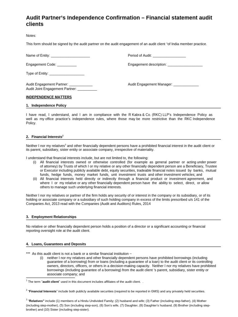 Audit Partner Independence Confirmation Form | PDF | Audit | Banks