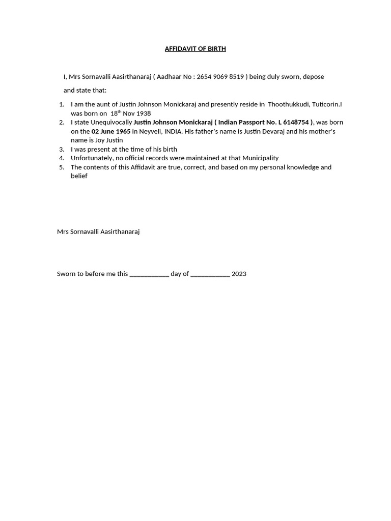 Affidavit of Birth - Swarna Dated 03 March 23 | PDF