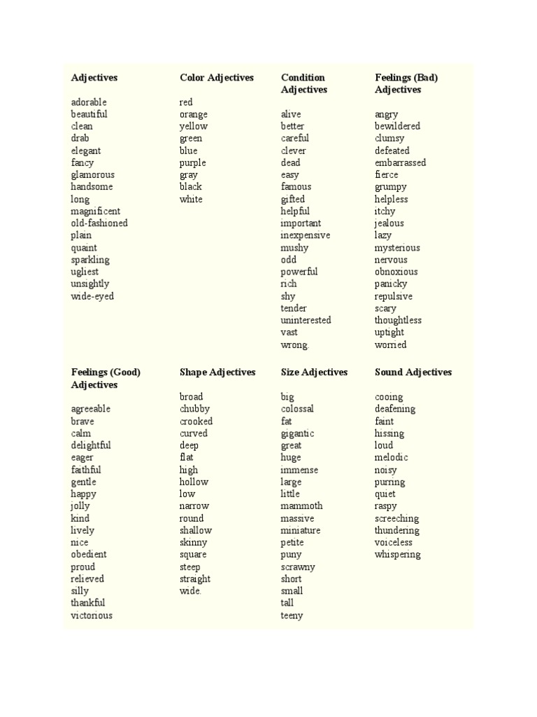 Adjectives Color Adjectives Condition Adjectives Feelings (Bad ...