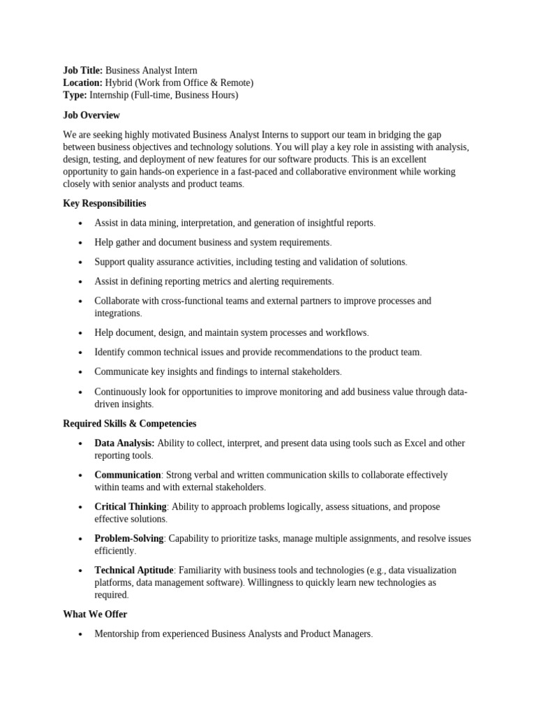 JD - Intern - Business Analyst | PDF | Business Analysis | Data Analysis
