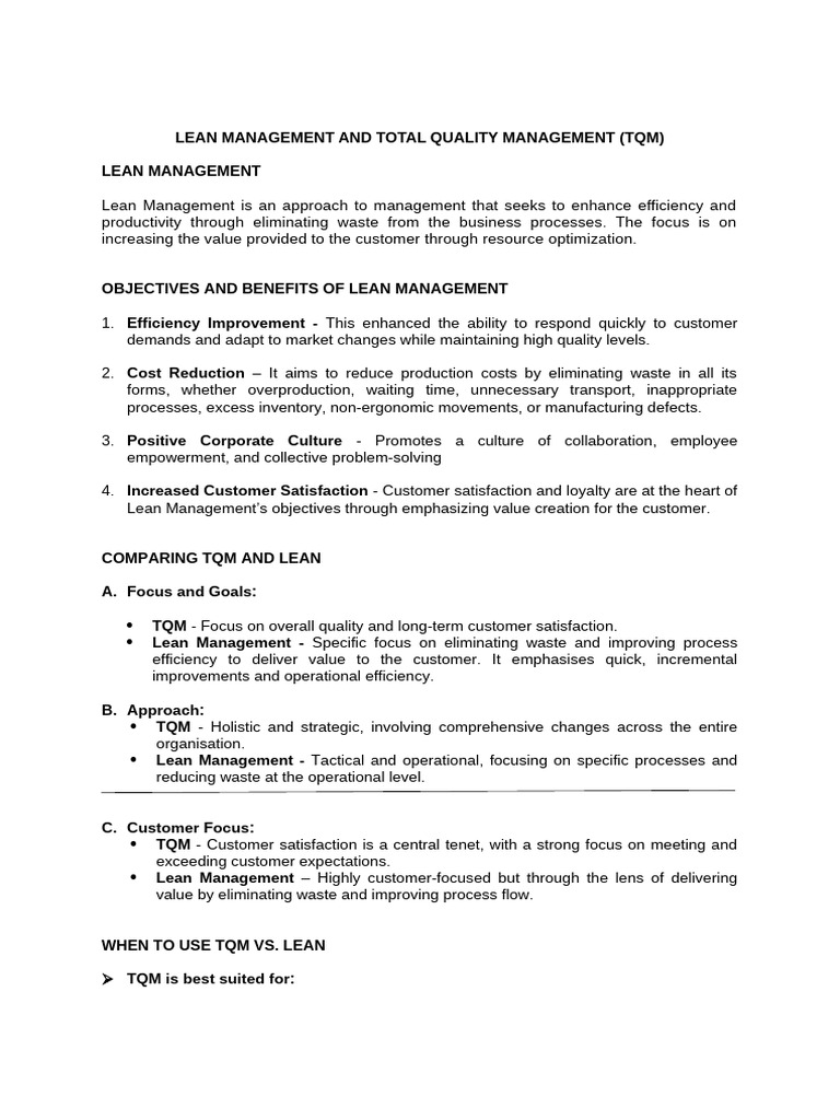 Lean Management and TQM Week 7 | PDF | Lean Manufacturing | Quality ...