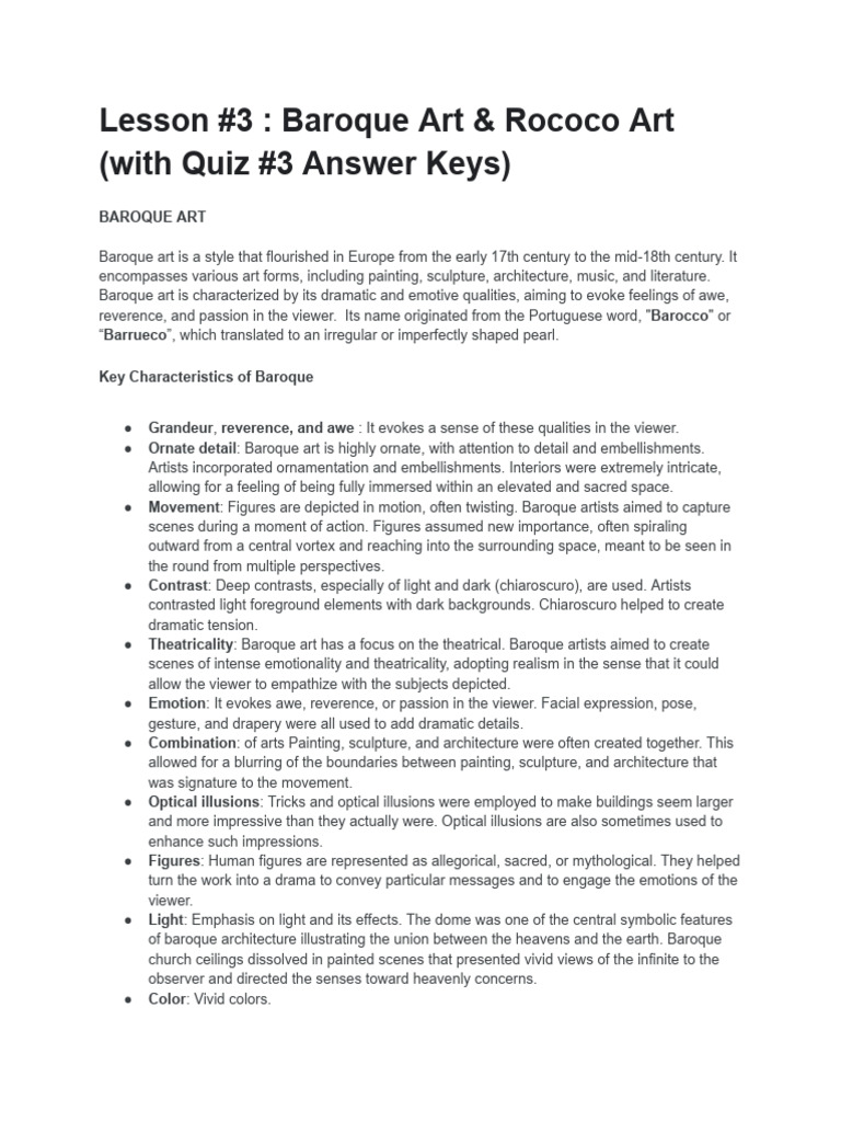 Lesson #3 - Baroque Art & Rococo Art (With Quiz #3 Answer Keys) | PDF ...