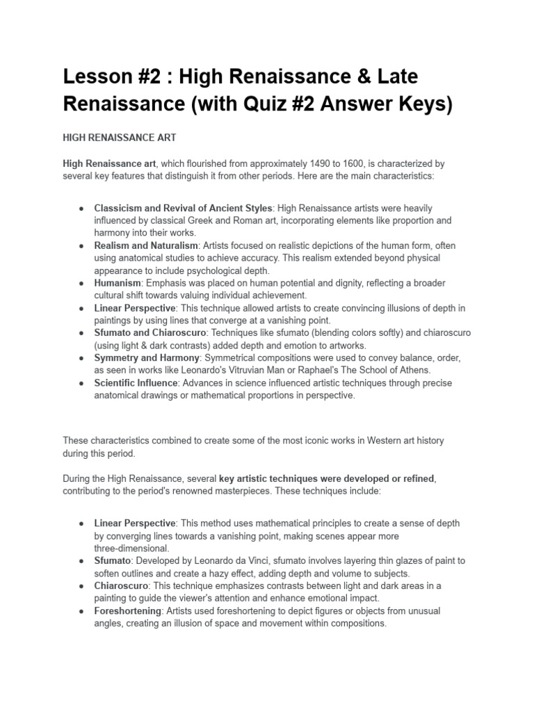Lesson #2 - High Renaissance & Late Renaissance (With Quiz #2 Answer ...